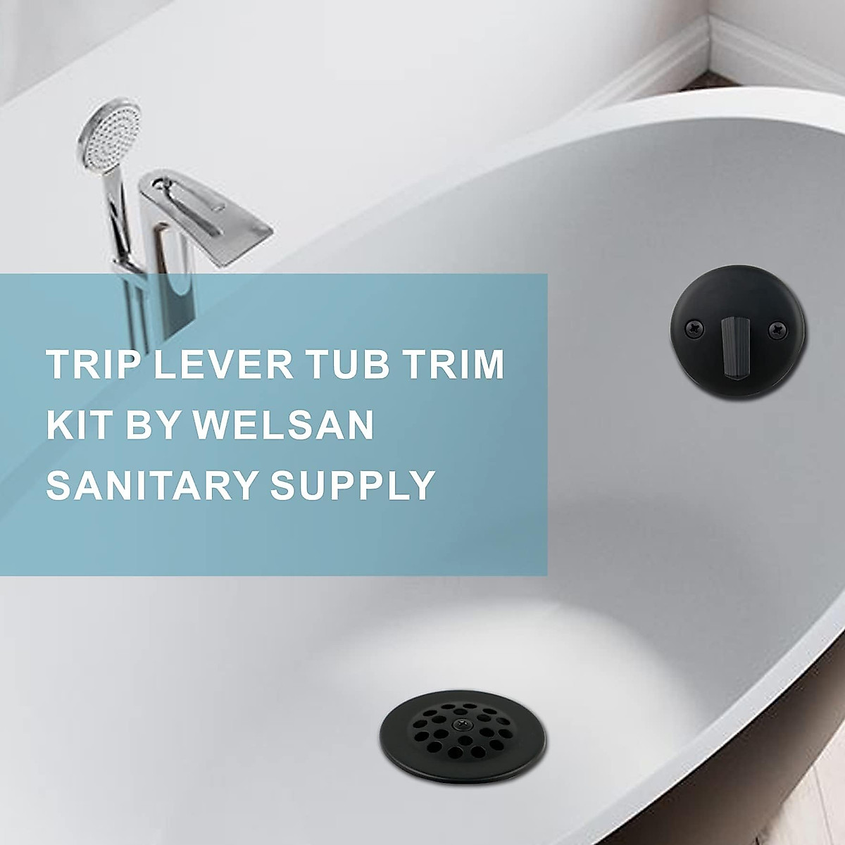 Matte Black Trip Lever Tub Trim Kit Set with 2-Hole Overflow Faceplate,Welsan Trip Lever tub Drain with Strainer, Universal Fine Replacement Overflow and Matching Screws?No Putty Installation?Black?