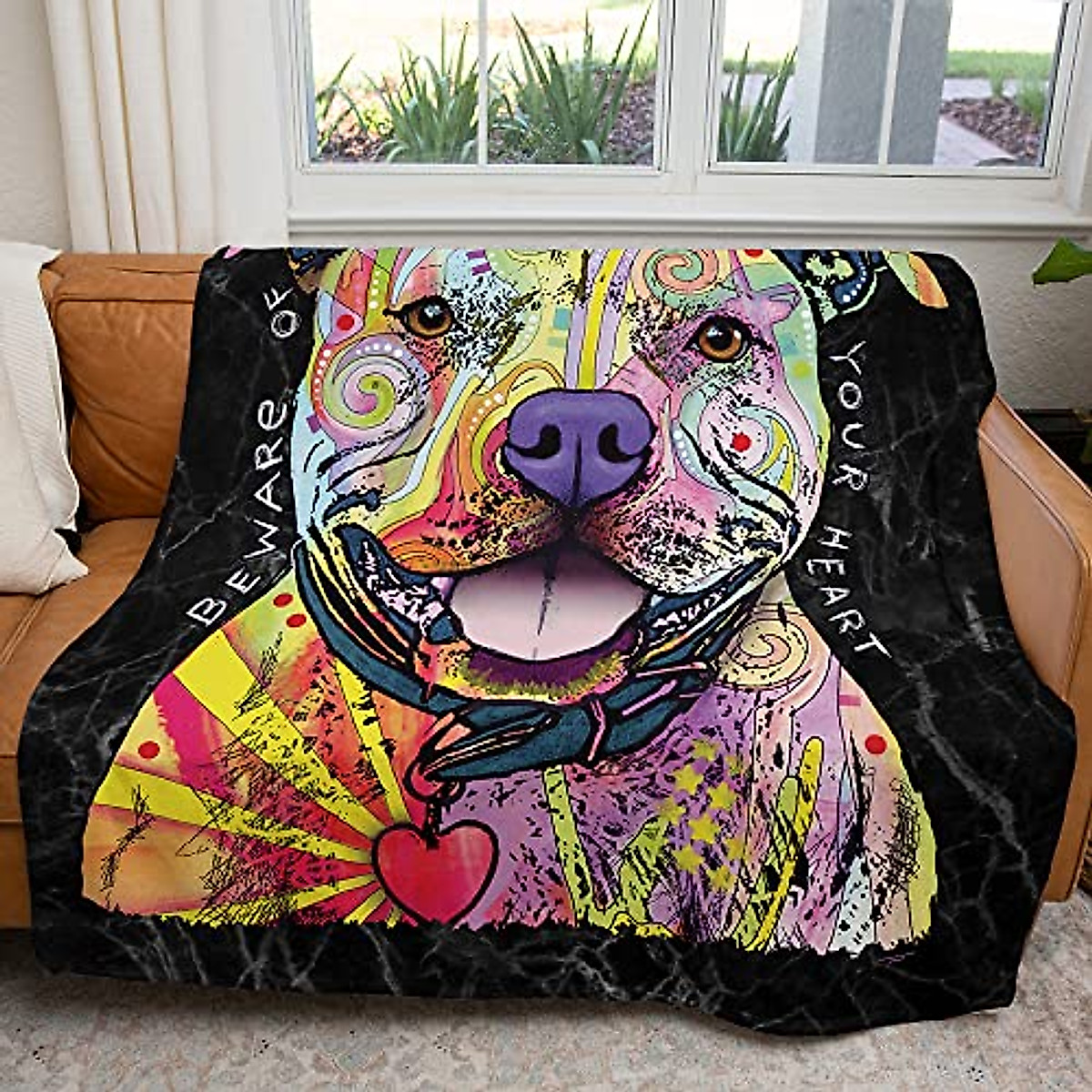 Artopia Comfy Minky Plush Blanket - Beware of Pitbulls Large Warm Fluffy Fuzzy Throw Blanket for Living Room, Bed, Sofa, Home (50" x 60")