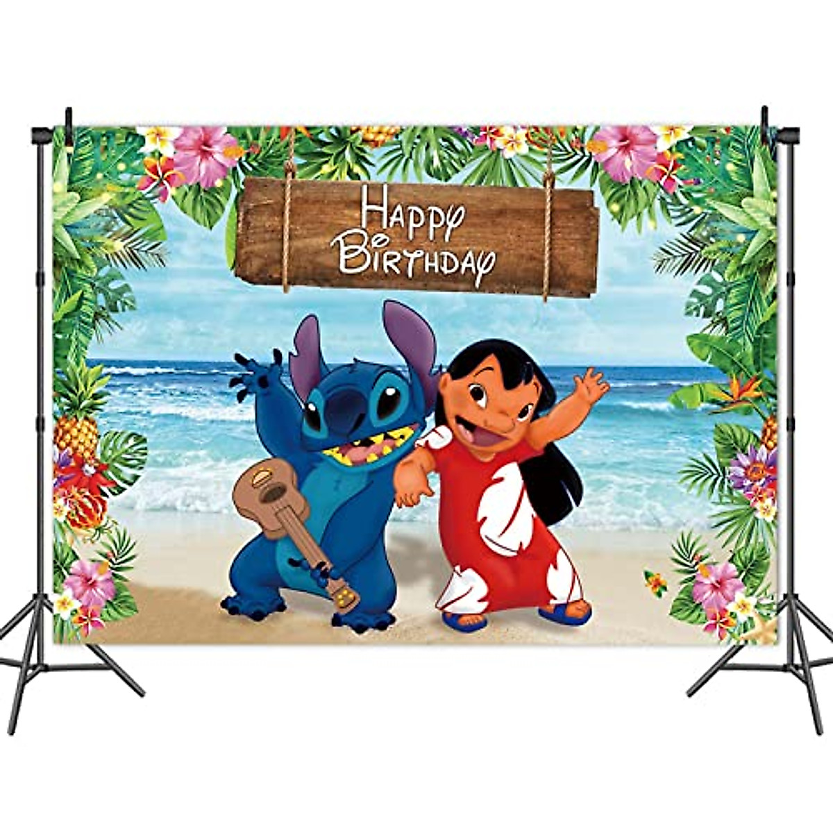 Tropical Luau Summer Beach Ocean Photo Backdrops Cartoon Photography Background for Kids Happy Birthday Dessert Table Top Summer Aloha Luau Party Decoration Banner 7x5ft
