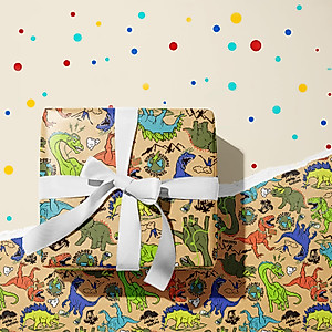 RUSPEPA Kraft Wrapping Paper Roll - Mini Roll - Colorful Dinosaur Design Great for Kids' Birthday, Boys' Birthday Party and More - 17 Inches X 16.5 Feet