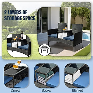 TINKLE WELL Wicker Outdoor Loveseat Modern Rattan 2-Seat Patio Conversation Set with Cushions & Built-in Coffee Table Porch Furniture for Garden Lawn Backyard, Brown