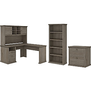Bush Furniture Yorktown L Shaped Desk with Hutch, Lateral File Cabinet and 5 Shelf Bookcase, 60W, Restored Gray