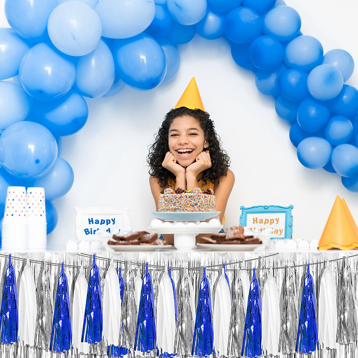 3P Navy-Blue White-Silver Tassel Garland Banner, Tassels Banner Streamers for Parade Floats, Bachelorette, Wedding, Birthday, Halloween, Christmas, Bridal/Baby Shower Party Decorations