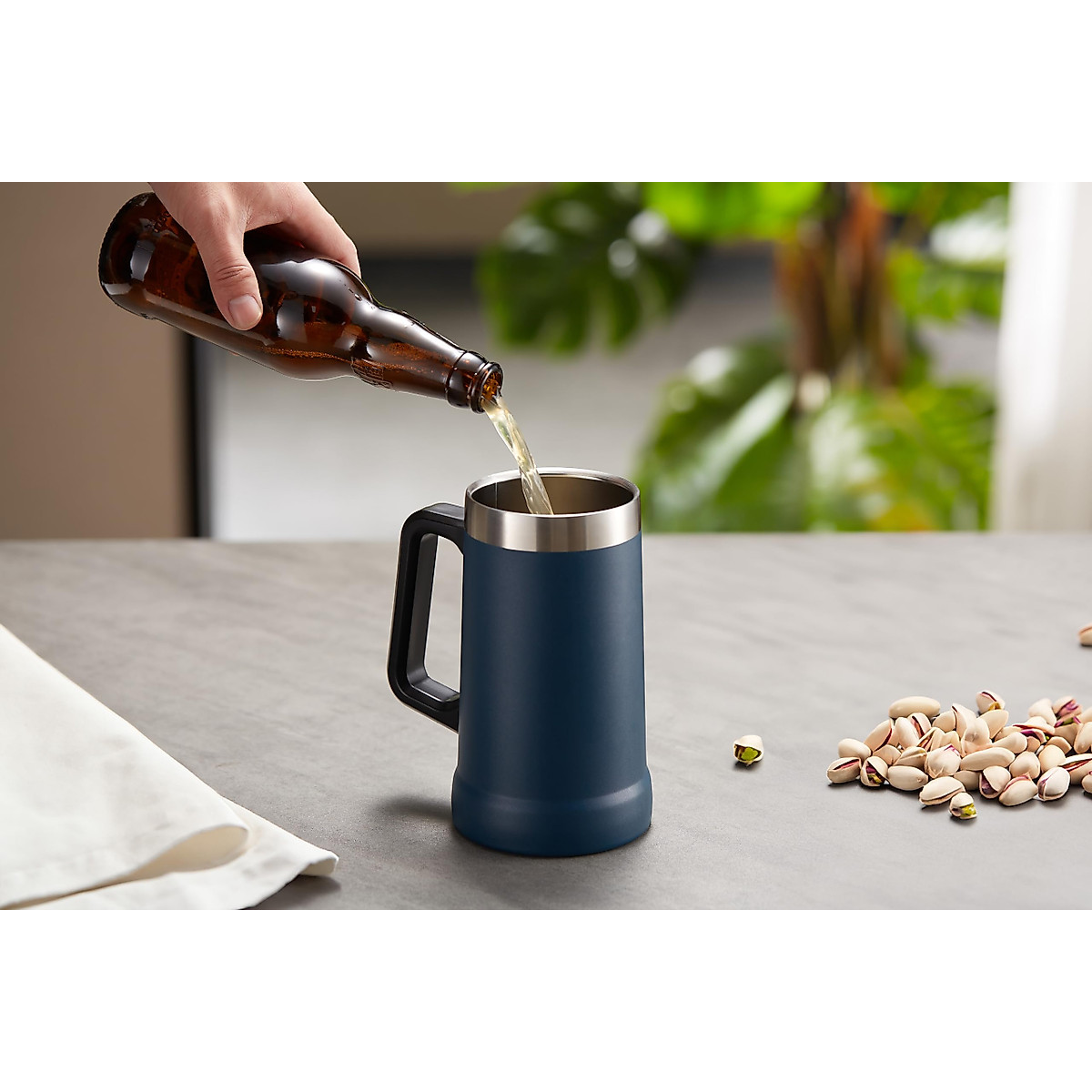 KooK Beer Stein, Stainless Steel Coffee Mug, Tumbler with Thermal Vacuum Insulation, Big Grip, Adventure, Double Walled Drinking Cup, Large Handle, Shatterproof, Navy Blue, 24 oz