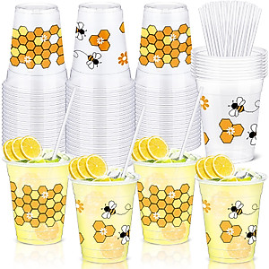 Sliner 50 Pcs Bee Party Plastic Cups with Straws 12 oz Clear Honey Bee Cups Disposable Bee Drinking Cups Bee Theme Party Favors for Home Kitchen Bee Birthday Baby Shower Party Supplies Decor