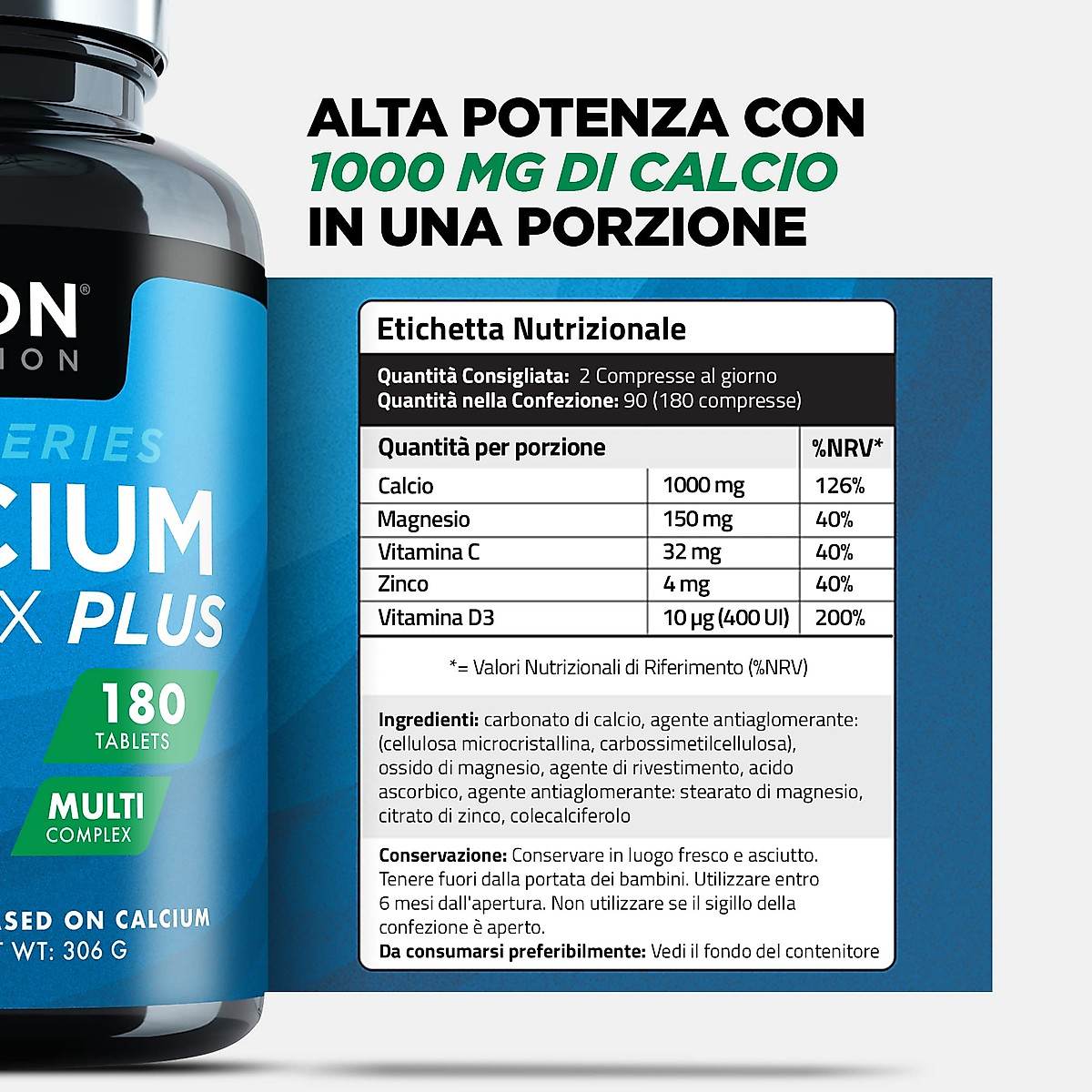 Calcium and Vitamin D Supplement - 180 Tablets - High Strength 1000mg Calcium Complex with Vitamin D3 Plus, Magnesium, Zinc and Vitamin C - Supports Bones, Cartilage and Muscle - Osteo Supplements