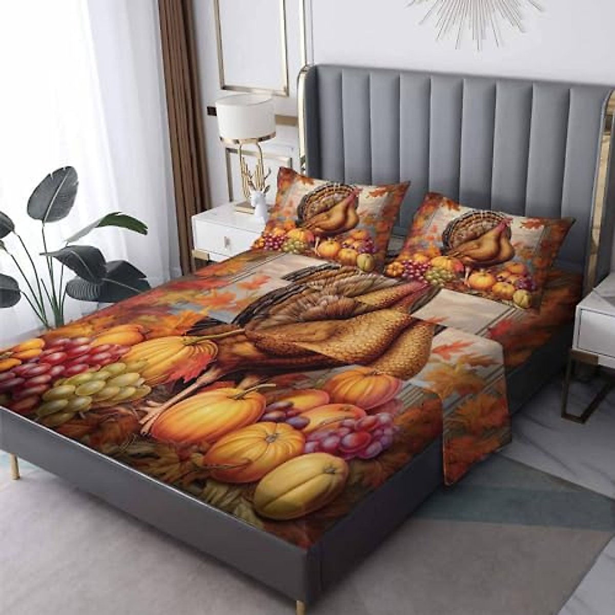 Full Size Sheet Sets - Thanksgiving Bed Sheets, Turkey Pumpkin Grape Bedding Sheets & Pillowcases, Soft Microfiber & Deep Pocket & Wrinkle Free Sheet Set, 1 Fitted Sheet, 1 Flat Sheet, 2 Pillow Cases