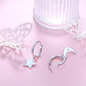 Star and Moon Friendship Earrings Created Opal Hoop Drop Dangle Earrings 925 Sterling Silver Star Moon Fans Best Valentines Day Birthday Gifts