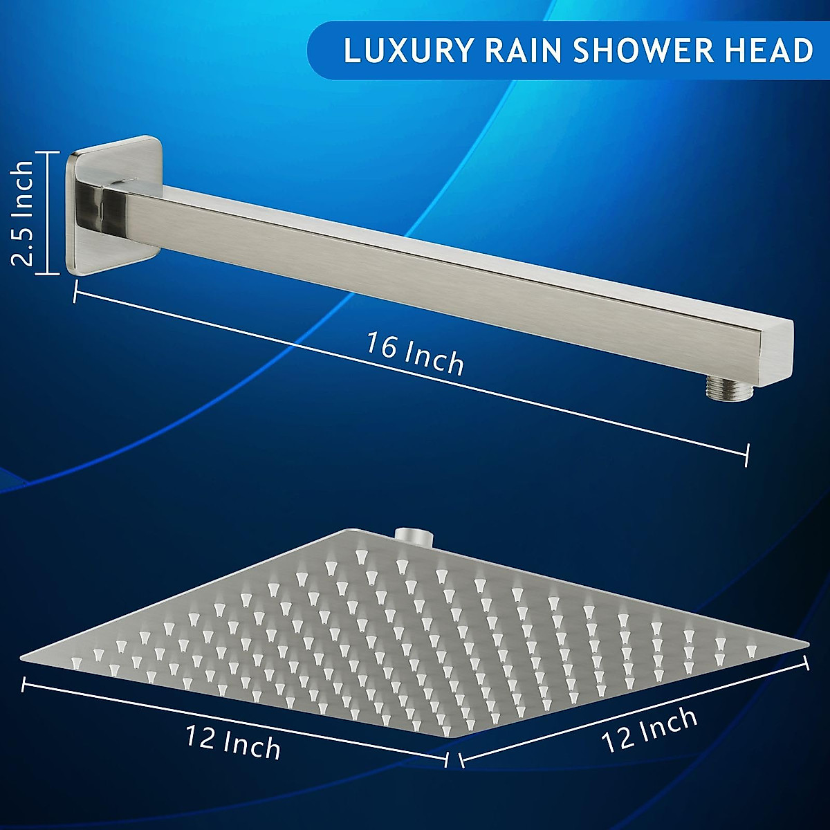 Voolan All Metal Shower Head with Extension Arm, Stainless Steel Waterfall Rainfall Showerheads, High Flow Bathroom Square Rain Shower Head (12’’ Shower Head with 16’’ Shower Arm, Brushed Nickel)