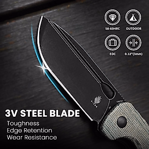 Kizer Bugai Pocket Knife 3.11 Inches Black Stonewash 3V Steel Blade Folding Knife Black Micarta Handle EDC Knife for Men Women Outdoor Camping Hunting Hiking Carving V3627A1
