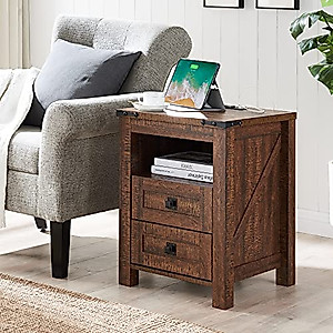 T4TREAM Nightstand wtih Charging Station, End Table, Side Table with 2 Drawers Storage Cabinet for Bedroom, Living Room, Farmhouse Design, Wood Rustic, Reclaimed Barnwood