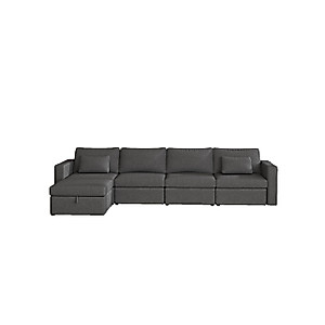 RENDGO Oversized Modular Sectional Sofa Convertible Linen Fabric Couch Set, L Shaped Couch with Reversible Chaise, 130 inch Width,5 Seat Modular Sofa with Storage Ottomans, Dark Grey