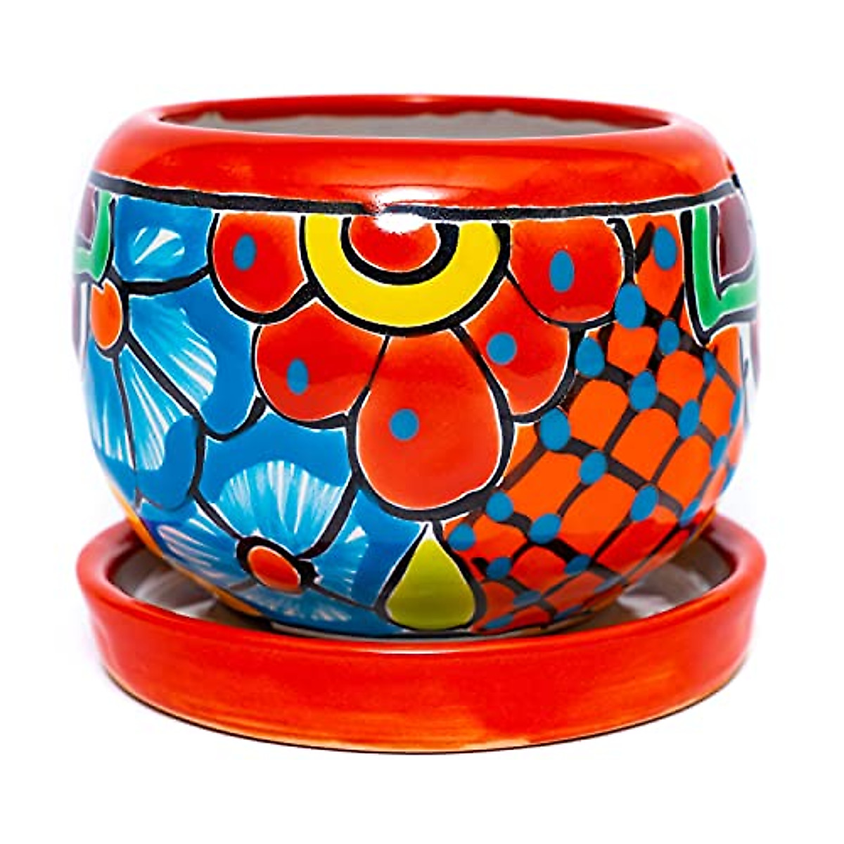 Enchanted Talavera Ceramic Succulent Pot Small Flower Planter Cactus Bonsai Pot W/Drainage Home Garden Office Desk Décor Gift (Small 4.5" x 4" with Saucer, Red)