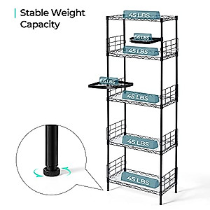 LINSY HOME 5-Tier Storage Shelves with 2 Rotatable Shelves, Height Adjustable Metal Pantry Shelves with 5 Hooks and Shelf Liners, Heavy Duty Metal Shelving, Wire Shelving for Kitchen, Bathroom -Dark