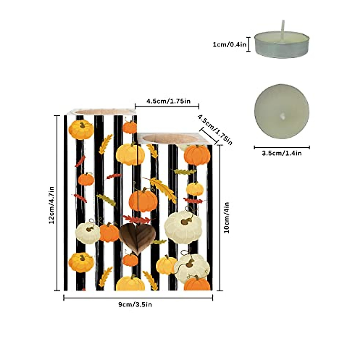 Black Pumpkins Stripes Candle Holder with Tea Light,Vintage Wood Tealight Candle Stick Holder Pillar Centerpiece,Heart-Shaped Wooden Candle Holders Set Fall Thanksgiving Sunflower Rustic Autumn Leaves