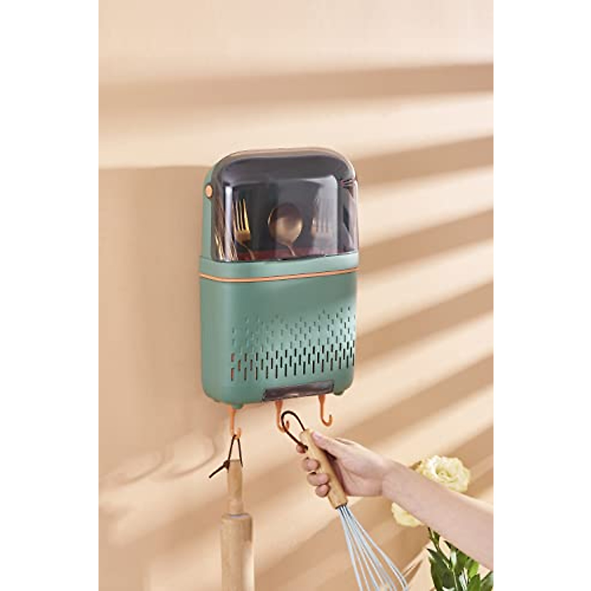 toooi Kitchen Utensil Holder, Wall Mount Utensil Rack, Detachable Multi-use Organizer with Dustproof Cover, Cookware Cutlery Holder, Suitable for Kitchen, Bathroom, Garage and More, White & Orange…