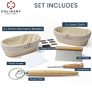 Banneton Bread Proofing Basket Set - 2 Oval 10" Bread Baskets with Liners and bread making tools - Sourdough Proofing Baskets - Bread Baking & Sourdough Starter Kit by Culinary Couture