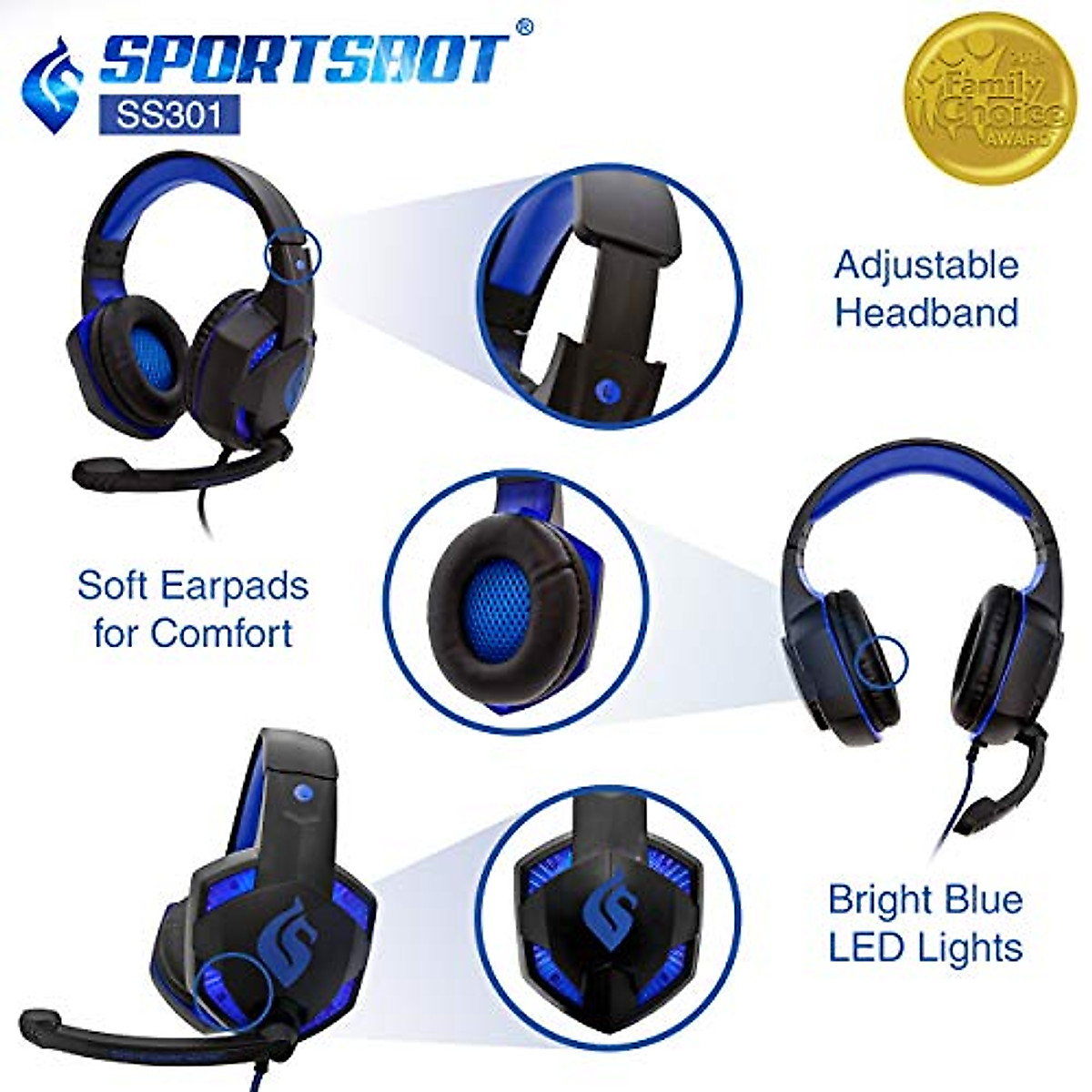 SportsBot SS301 Blue LED Gaming Over-Ear Headset Headphone, Keyboard & Mouse Combo Set w/ 40mm ...