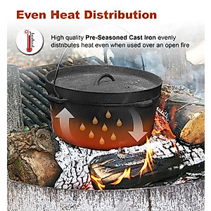 Bruntmor Pre-Seasoned Cast Iron Dutch Oven with Flanged Lid Iron Cover, for Campfire or Fireplace Cooking Pre-Seasoned Camping Cookware Flat Bottom 8 Quart