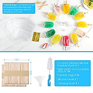 Popsicle Molds Silicone BPA-free,12 Pieces Popsicle Trays for Freezer,Homemade Ice Cream Popsicle Molds,Large Ice Pop Maker Set,Reusable Ice Lolly Mould with 100PCS Popsicle Sticks
