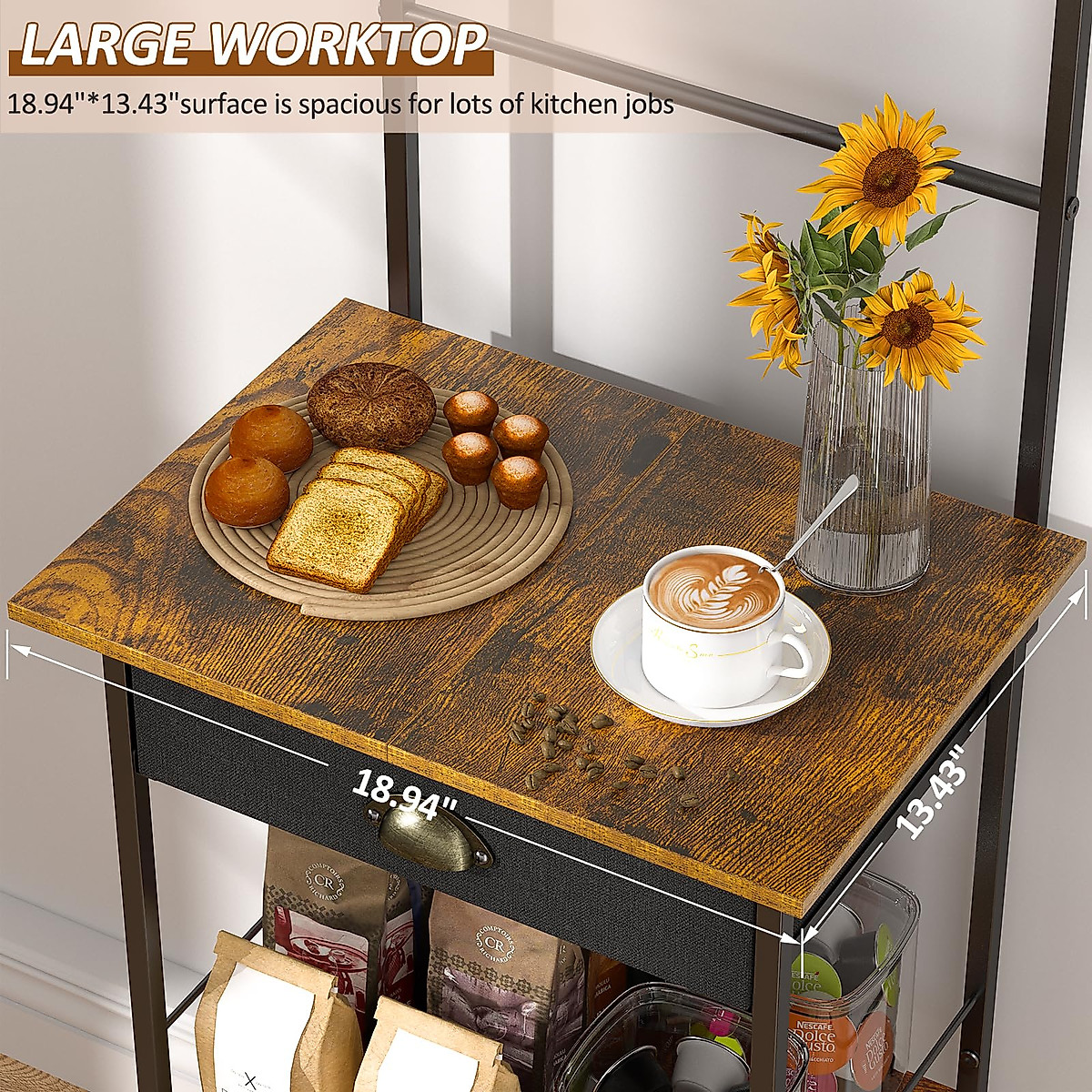 5 Tier Coffee Bar Station with Drawer, Coffee Stand with 4 S-Shaped Hooks, Farmhouse Corner Coffee Bar Cabinet for Small Spaces, Bakers Rack for Kitchen, Living Room, 13.43"D x 18.93"W x 53.31"H