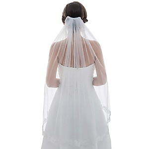 SAMKY 1T 1 Tier Floral Scallop Embroided Lace Pearl Veil - Light Ivory Fingertip Length 36" V471