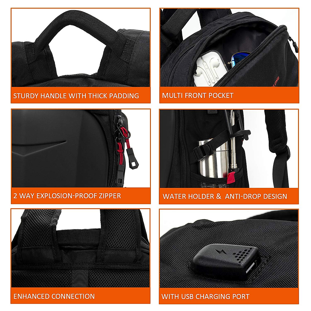 KINGSLONG Hard Shell 17 Inch Laptop Backpack for Men with USB Port for College Motorcycle Outdoor Waterproof Backpacks Black