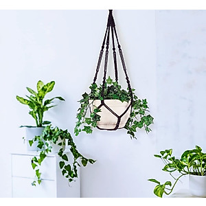 Shineloha 43 Inches Macrame Plant Hanger Large for up to 12 inch Pot | Extra Long + Hook | No Tassel, Cotton Rope Hanging Plant Holder with Swag Hook, NO Plant/Pot Included (Black)