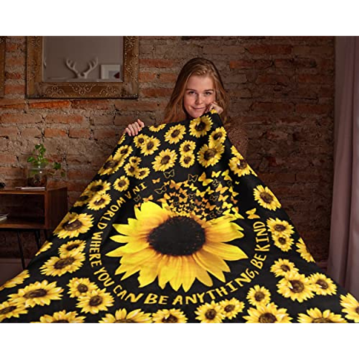 WIBUE Sunflower Blanket 50"x40" with 2 Sunflower Pillow Covers 18"x18",Decorative Fleece Throw Blanket 3 Piece Set,Fuzzy Soft Cozy Warm Lightweight Blanket for Sofa,Couch,Bed,Travel,Camping