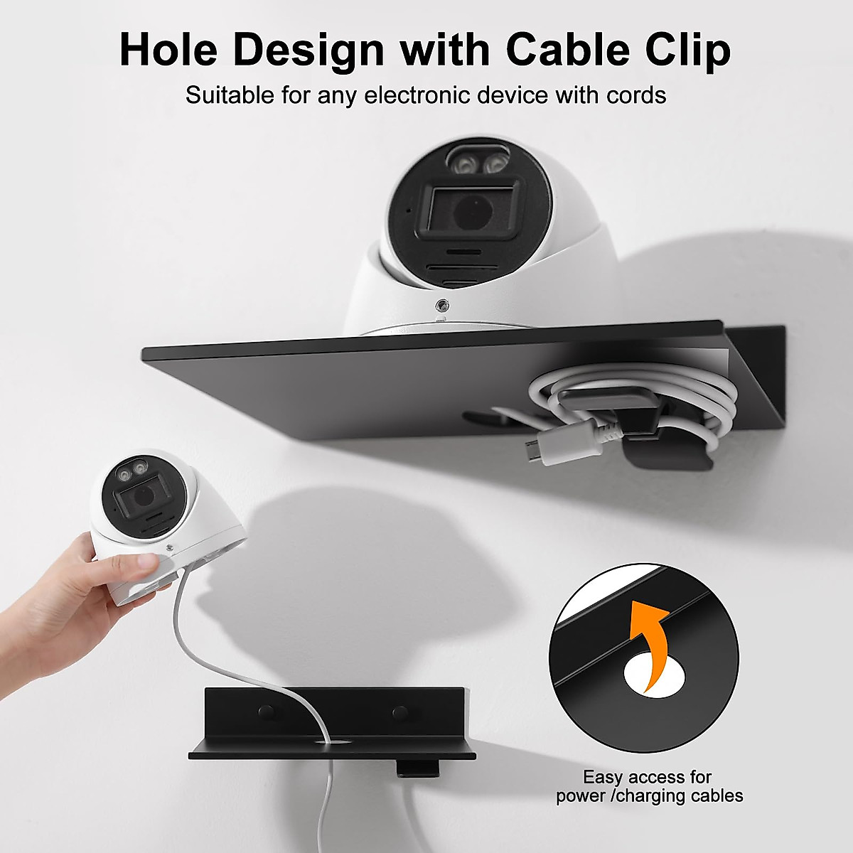 Z metnal Small Floating Shelves, Mini Speaker Shelf, Self Adhesive Small Wall Mount Metal Shelves with Cable Clip, Display Shelf for Cameras Monitor Routers, Matt Black, 6 inch