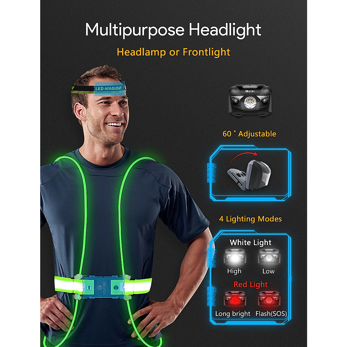 Olook High Visibility LED Light Up Vest with Running Light, 360° Reflective Safety Gear for Night Running, Cycling, Joggers, Rechargeable and Waterproof, L-Green(Patent Pending)