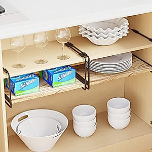 SpaceAid Cabinet Shelf Organizers 2 Pack, Kitchen Counter Organizer Rack Under Shelves Riser, Pantry Cupboard Storage Organization, Metal and Wood, Black and Natural, 16" Wide