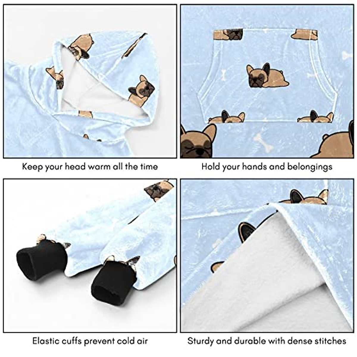 Cute French Bulldog Puppy Pattern Wearable Blanket Hoodie,Oversized Hooded Blanket Sweatshirt