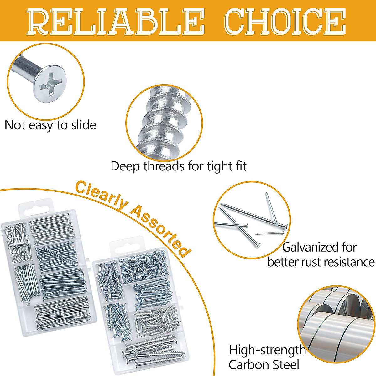 KURUI Hanging Nails and Wood Screws Assorted Kit 256PCS, 110 Philips Flat Head Screws and 146 Picture Hanging Nails, 6 Sizes Small Nails and Small Screws Assortment with Organizer Box