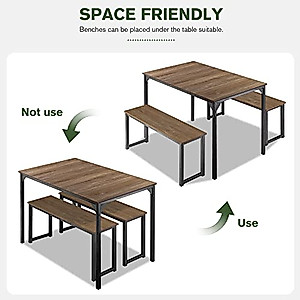 IMUsee 45" Dining Table Set for 4, 3-Pieces Kitchen & Dining Room Sets with Benches, Metal Frame and Wood Board, Sturdy Structure, Easy Assembly, Small Space Dinette, Brown & Grey