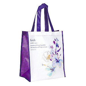 Christian Art Gifts Reusable Shopping Tote Bag | Faith Definition Hebrews 11:1 Bible Verse | Inspirational Durable Purple Floral Tote Bag for Groceries, Books, Supplies