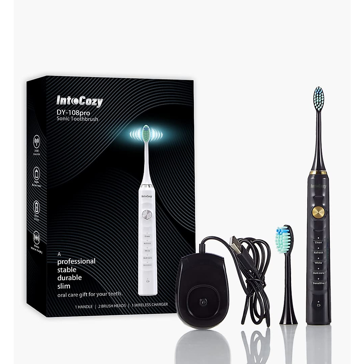 IntoCozy Sonic Electric Toothbrush Whitening Toothbrush with 2 Indicator Brush Heads for Adults and Teenagers, Wireless Charging, 5 Modes with Smart Timer, IPX7 Waterproof(Black)