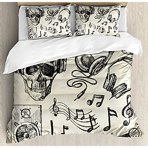 Ambesonne Music Duvet Cover Set, Sketchy Background Hipster Skull Headphones Record Player Mic Speakers Print, Decorative 3 Piece Bedding Set with 2 Pillow Shams, Queen Size, Beige Black
