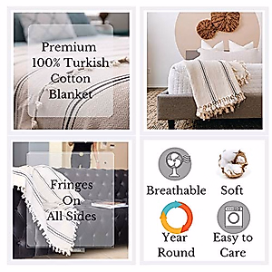 THE LOOMIA Sophie Turkish Cotton Boho Farmhouse Throw Blanket (Extra Large, Creamish Ecru Base with Black Stripes)