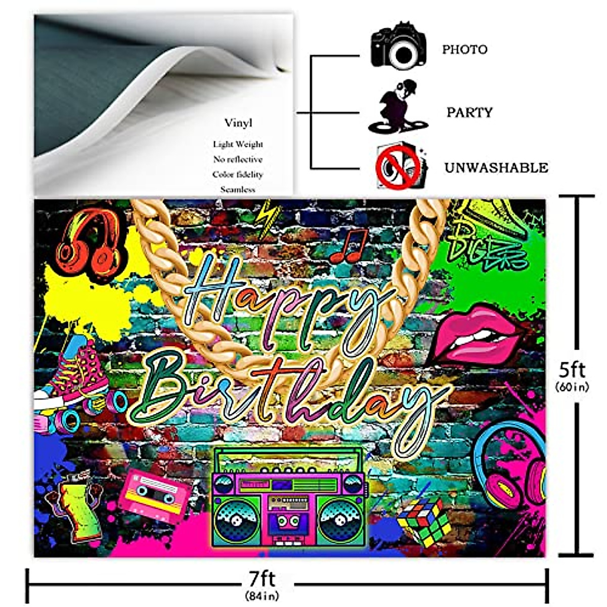 Avezano Hip Hop Birthday Party Backdrop Throwback Retro Graffiti Wall Backdrops for Bday Party Decoration Old School Rap Music Parties Photoshoot Backdrops (7x5ft)