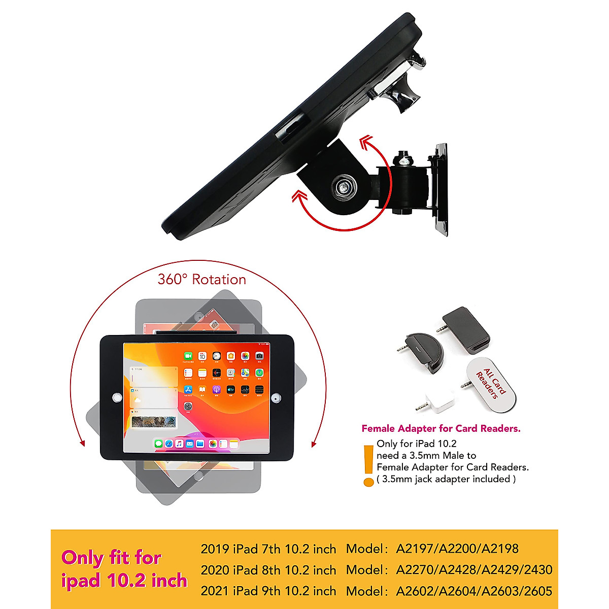 WeSTRUGGLE Tablet On Wall Mount Bracket for iPad 10.2-Inch (9th,8th,7th Gen.),with Anti Theft Security Lock and Key, Rotate Design Arbitrary Adjustment,Multi Angle,Metal,(Black)