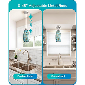 EDISHINE Pendant Light, Hand Blown Hanging Light Fixture, Adjustable Brushed Nickel Rods, Blue Glass Pendant Lighting for Kitchen Island, Sink, Bathroom, Dining Room
