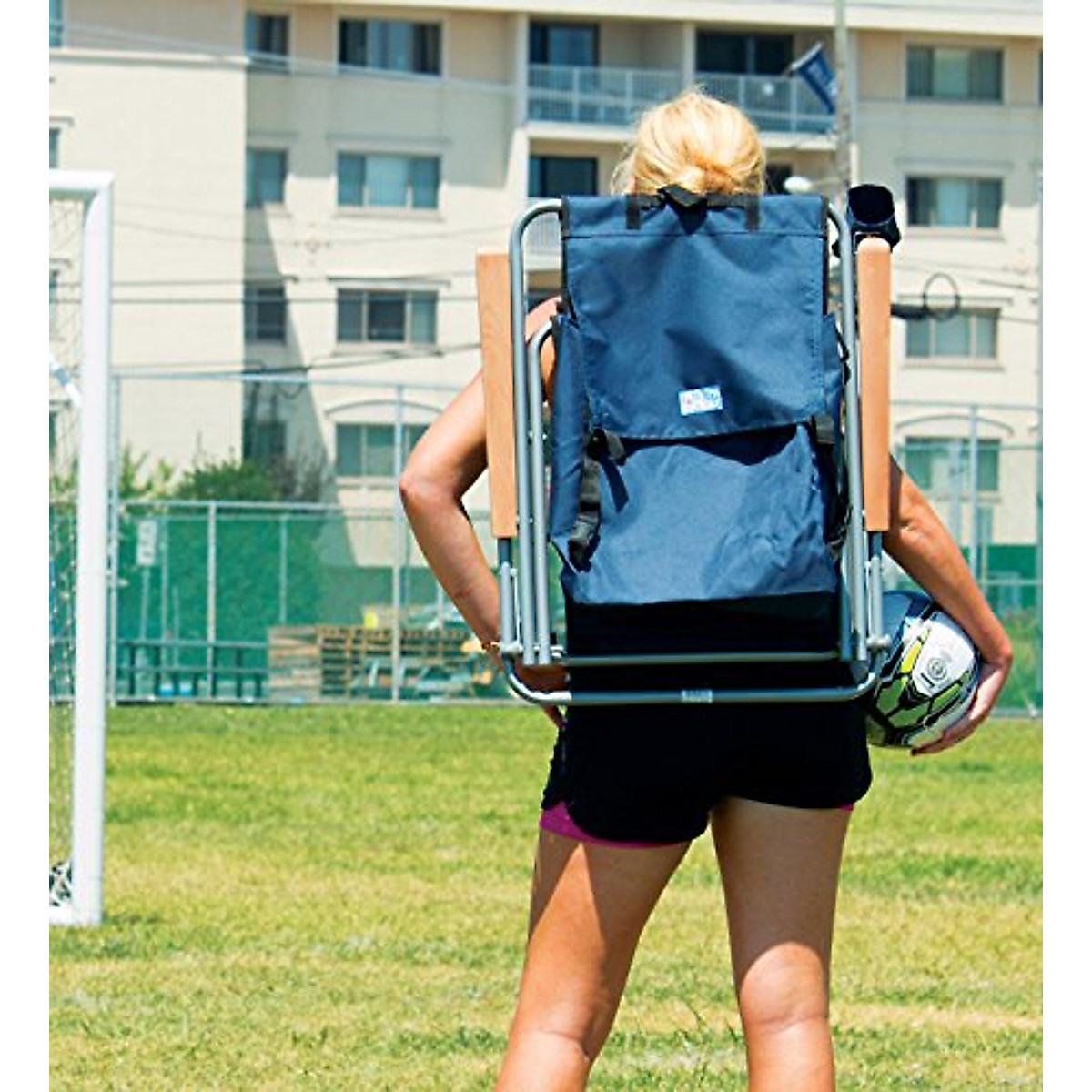 Rio Beach Original Outdoor Steel Folding Backpack Chair, Navy Blue & Rio Beach 4-Position Backpack Lace-Up Suspension Folding Beach Chair,Aluminum, Multi Stripe