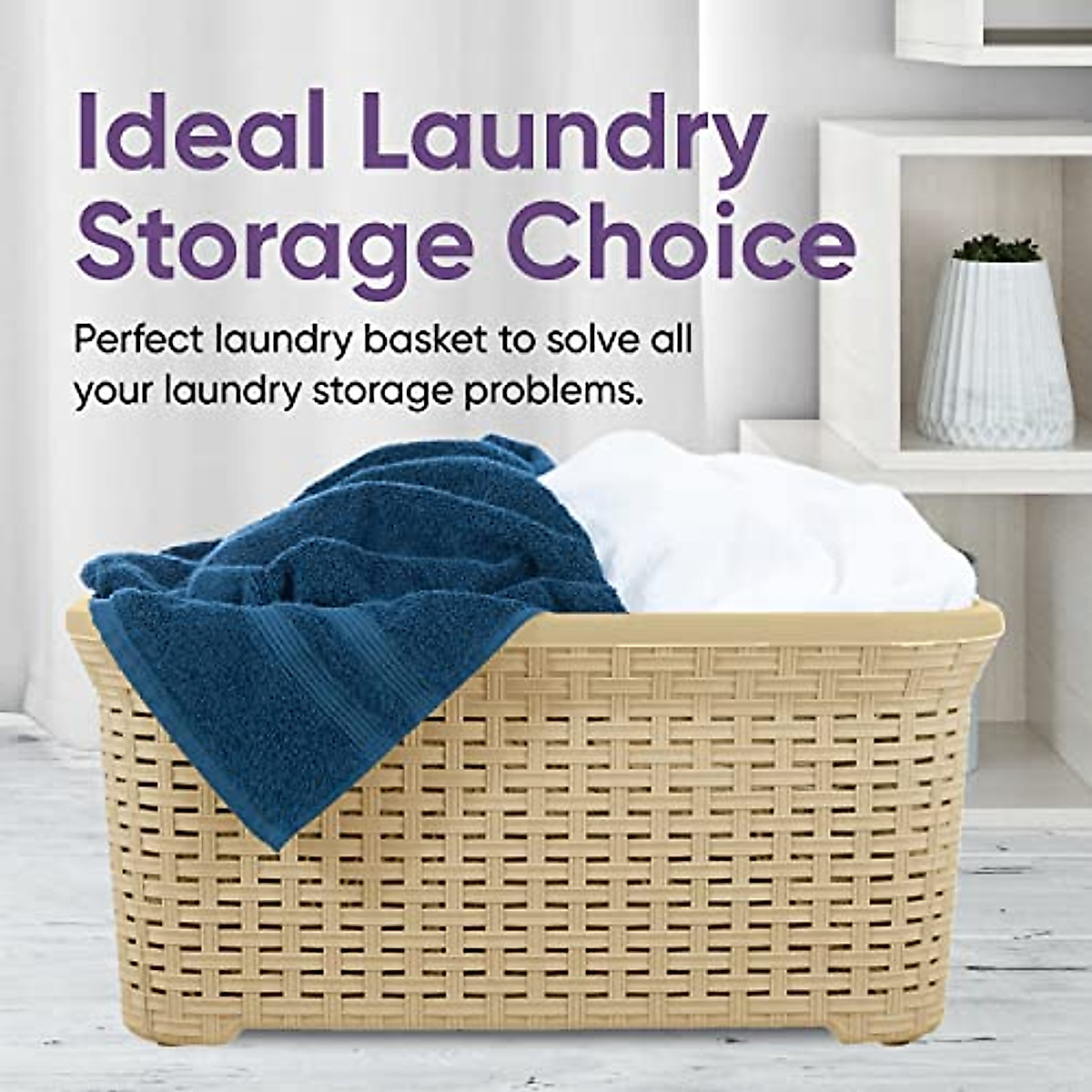 Superio Laundry Basket Plastic Storage Hamper Basket, Beige Cloths Basket Organizer with Cut-Out Handles. Space Saving for Laundry Room Bedroom Bathroom, Wicker Design 50 Liter (2 Pack)