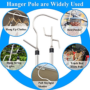 Frebuta Clothes Hook Pole Heavy Duty,32 to 65Inch High Reach Garment Hook 2 Hooks for Hanging Birdfeeder Stainless Steels Tube Extension Pole with Hook for Reaching to Reach High Hangers
