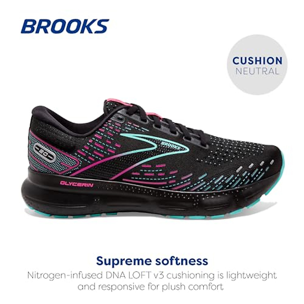 Brooks Women's Glycerin 20 Neutral Running Shoe - Black/Blue Light/Pink - 7.5 Medium