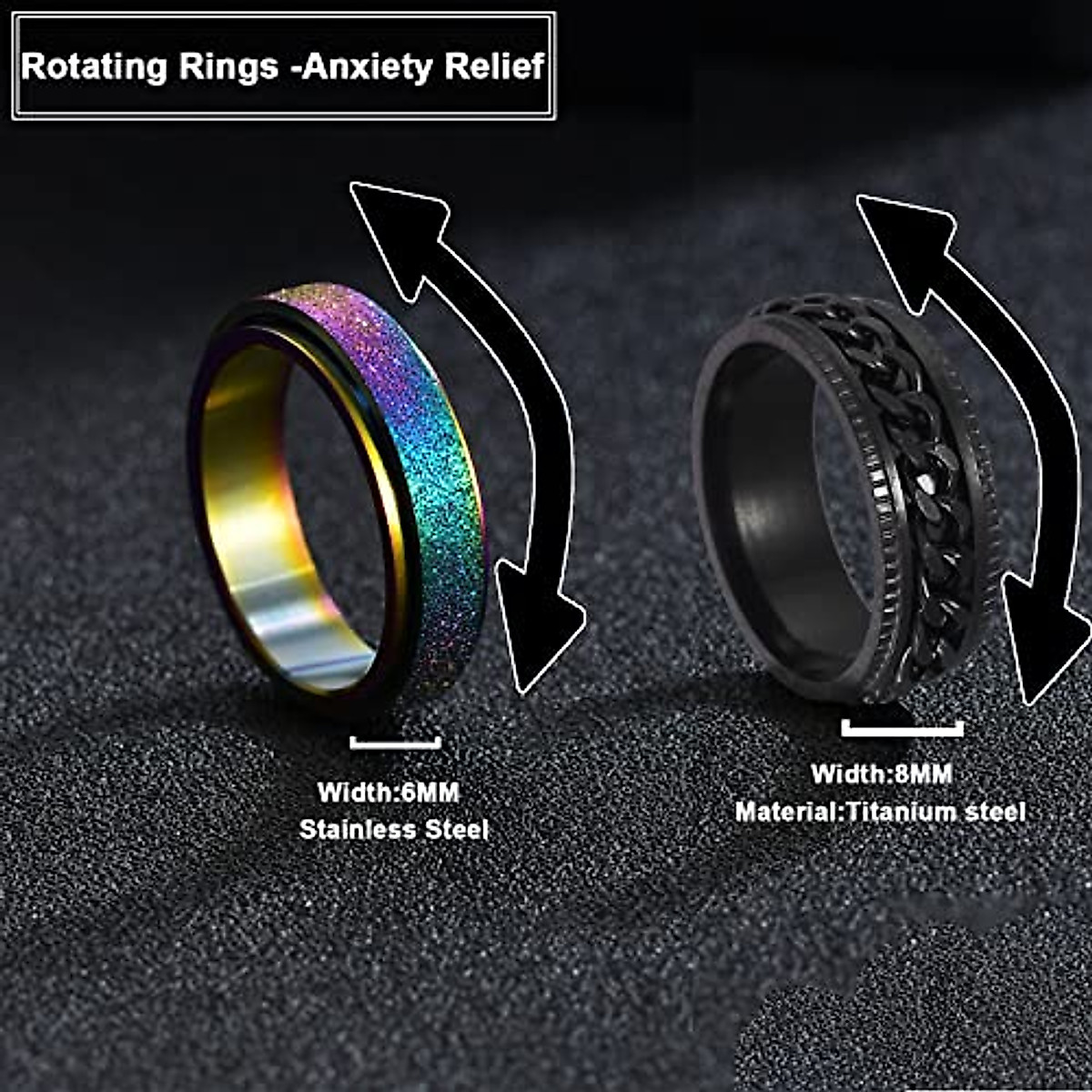 Supra Diamanto 9pcs Spinner Rings for Women Anxiety Relief -Size 7-12 Fidget Rings, Sand Blasted Finished Band Set, Anxiety Ring Spinner Fidget Band Chain Rings for Women Men (A 9, 8)