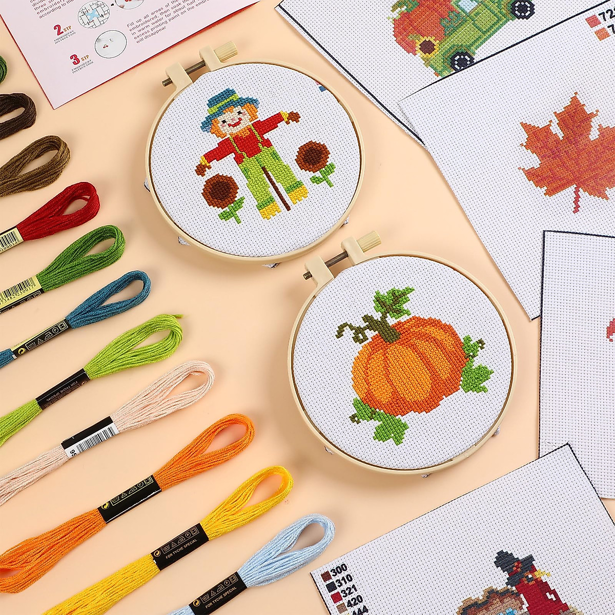 ZOIIWA 6PCS Fall Cross Stitch Kits for Beginners Autumn DIY Embroidery Kit for Kids Adults Fall Thanksgiving Gift Turkey Pumpkin Maple Leaf Truck Squirrel Scarecrow Craft Needlepoint Starter Supplies