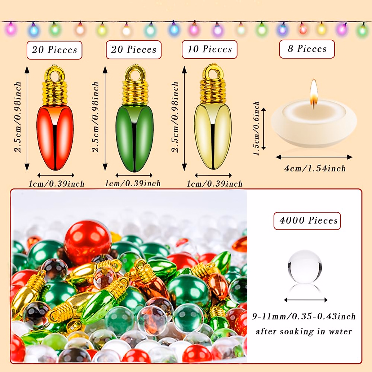 MadeTop 4114 Pcs Christmas Vase Filler Pearls for Vase Fillers Floating Candles Centerpiece with 8 Floating Candles Water Gels Beads for Christmas Home Table Party Decor(Bulb)