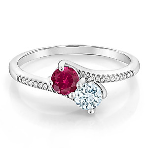 Gem Stone King 10K White Gold Forever United 2 Stone Red Created Ruby and Sky Blue Aquamarine and Diamond Engagement Ring For Women (0.64 Cttw, Round, Avaiable in Size 5,6,7,8,9)